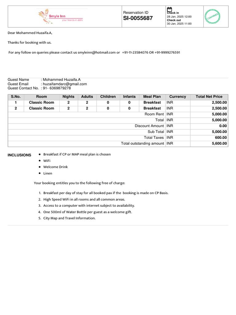 Reservation Confirmation - Smyle Inn - SI-0055687 | PDF