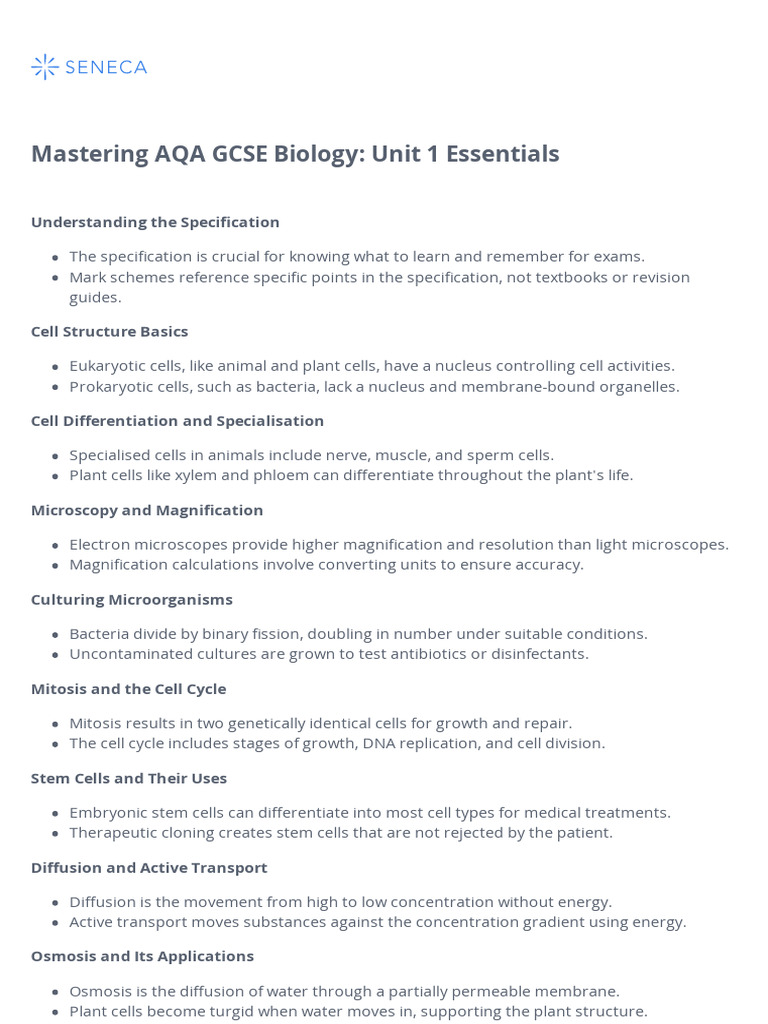 Mastering Aqa Gcse Biology Unit 1 Essentials | PDF | Cell (Biology ...