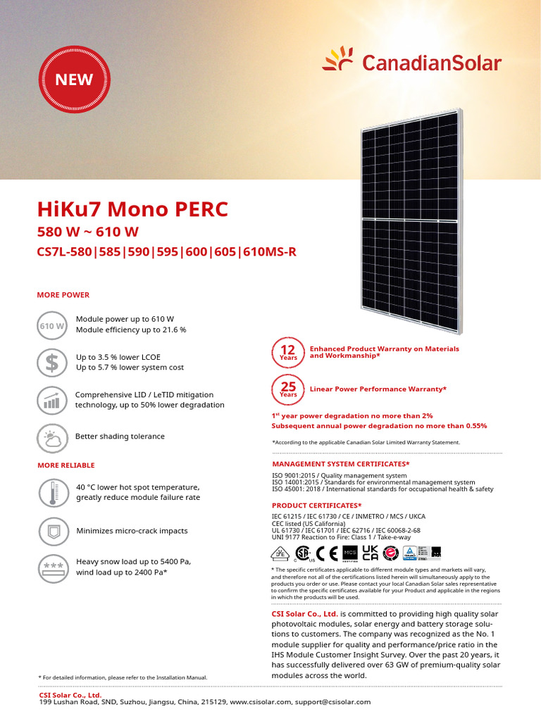 Canadian Solar 580W-610W Datasheet | PDF | Solar Panel | Solar Power