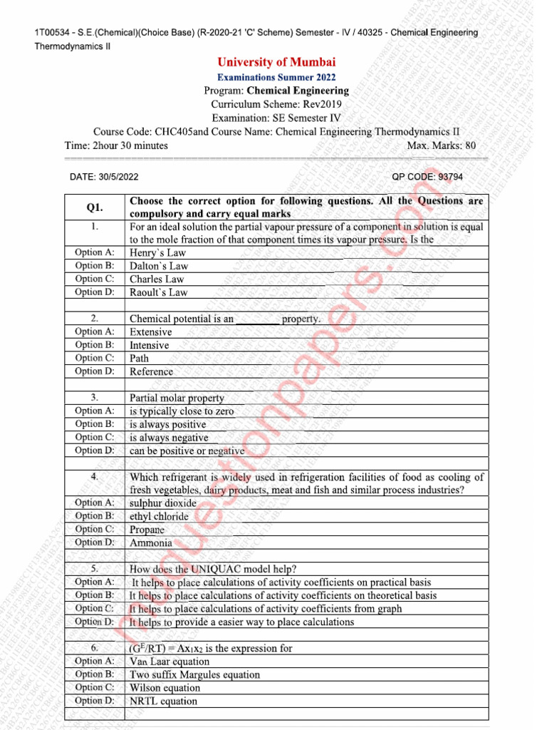 Be - Chemical Engineering - Semester 4 - 2022 - May - Chemical ...