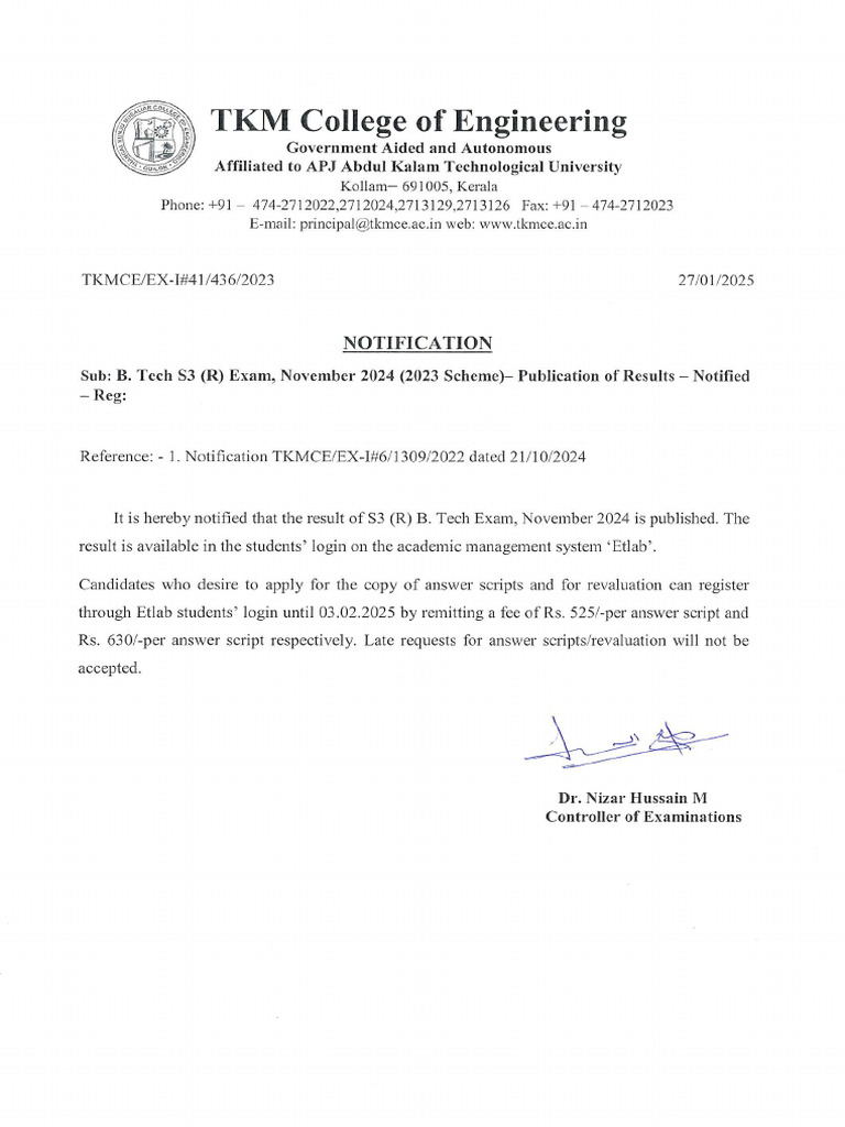 Result - S3 (R) B. Tech Exam, November 2024 (2023 Scheme) | PDF