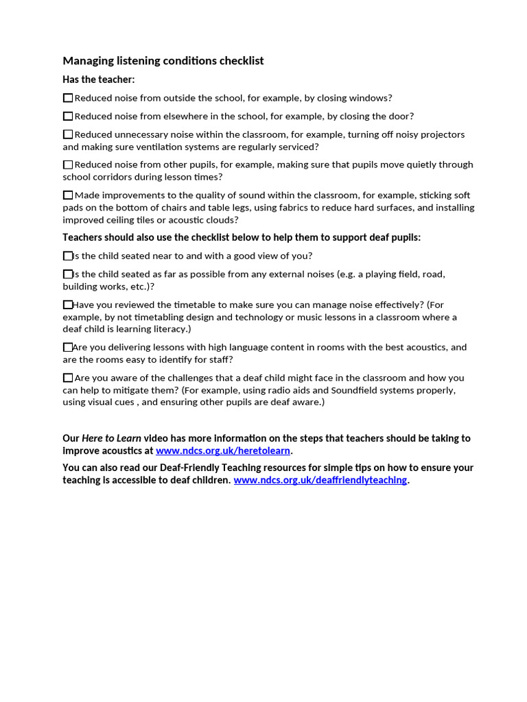 Managing Listening Conditions Checklist 2020 | PDF
