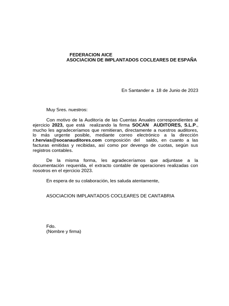 Carta Federacion Aice 2023 | PDF