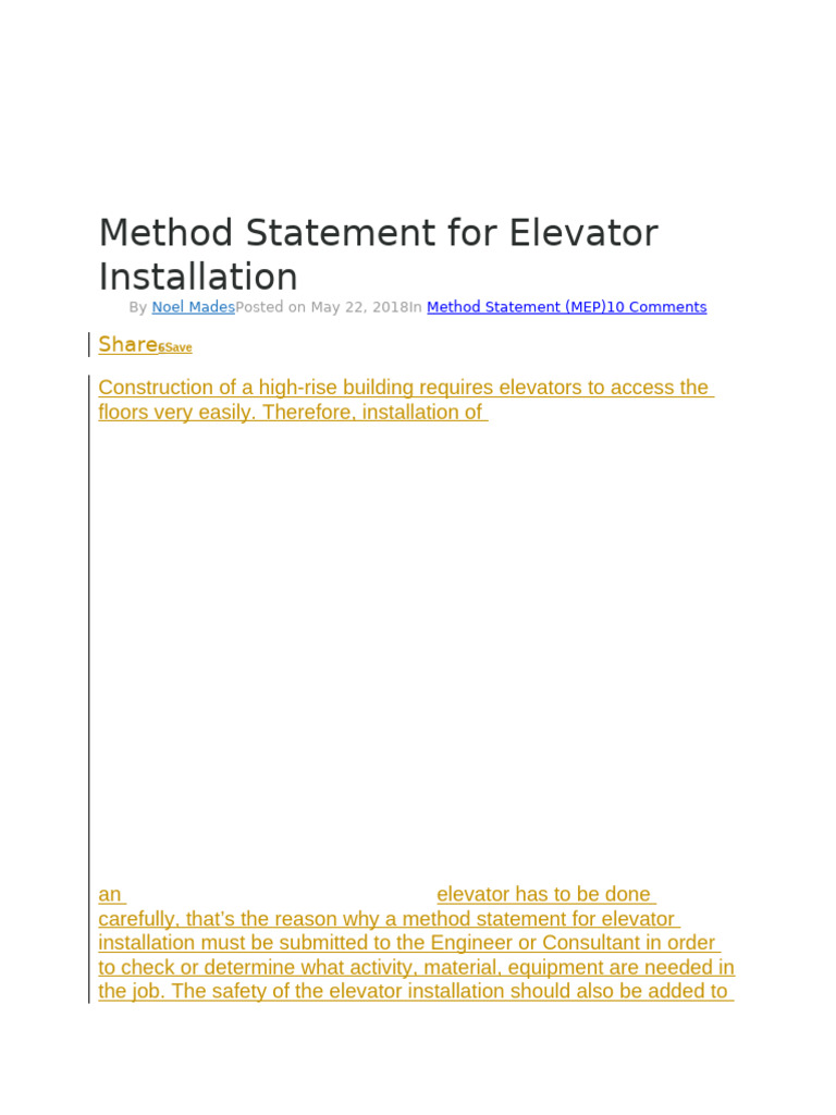 Method Statement For Elevator Installation | PDF | Elevator | Switch