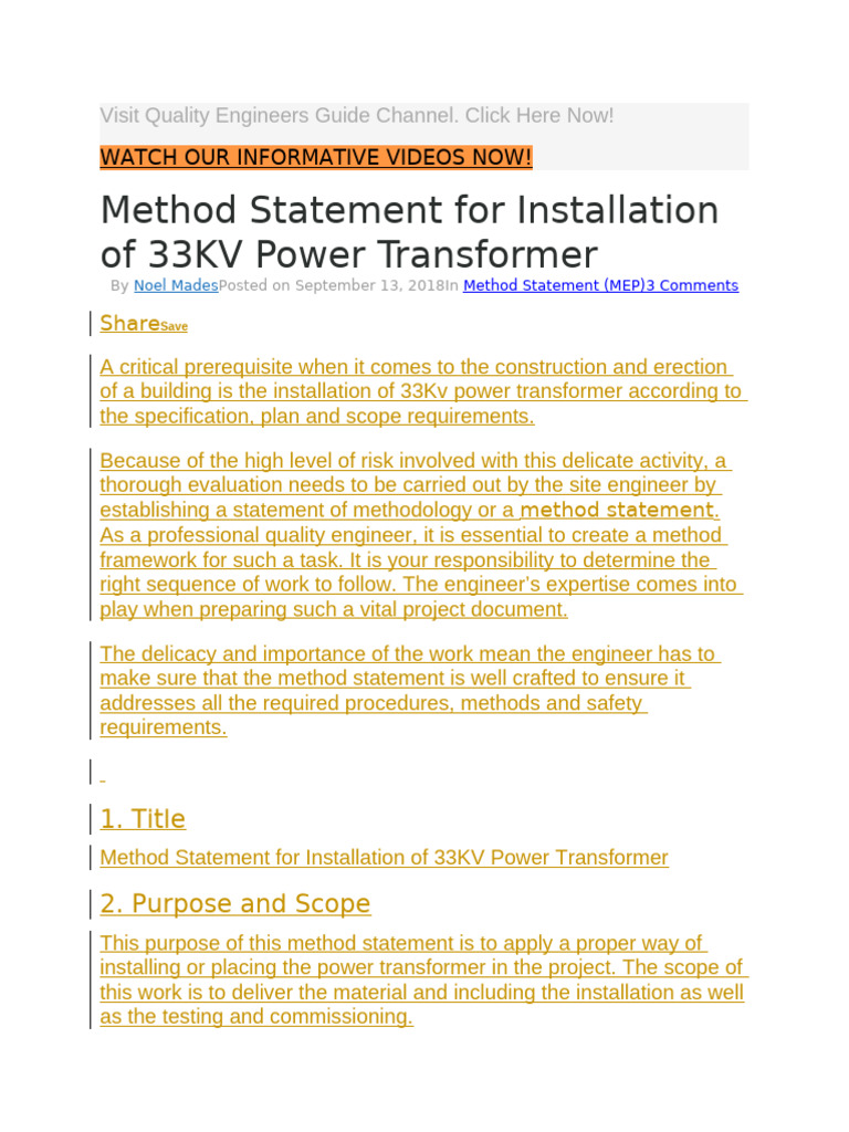 Method Statement For Installation of 33KV Power Transformer | PDF ...