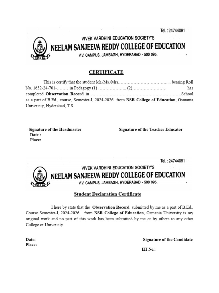 Observation CERTIFICATE FROM THE MENTOR | PDF