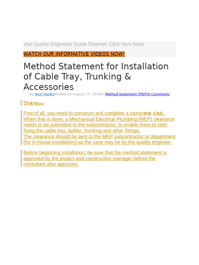 Method Statement for Installation of Cable Tray, Trunking & Accessories | PDF | Wall | Drilling