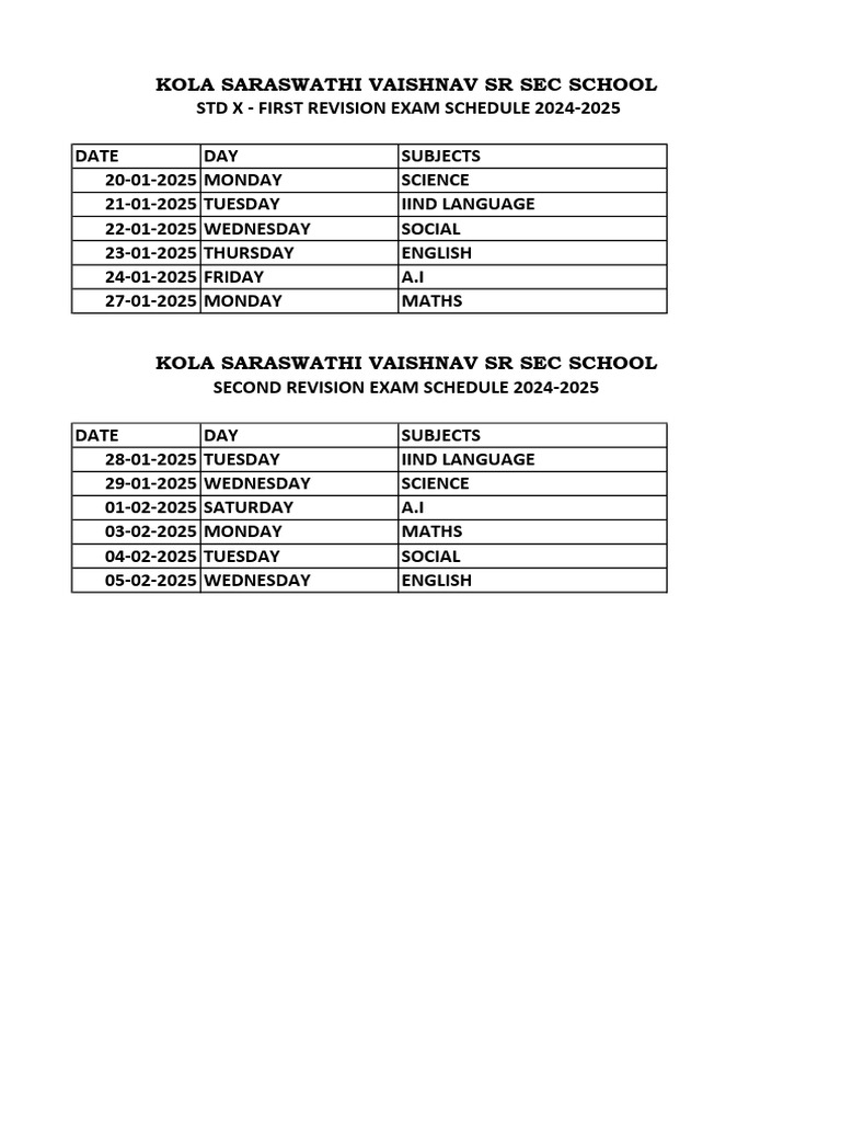 STD X Revision Exam Schedule. | PDF