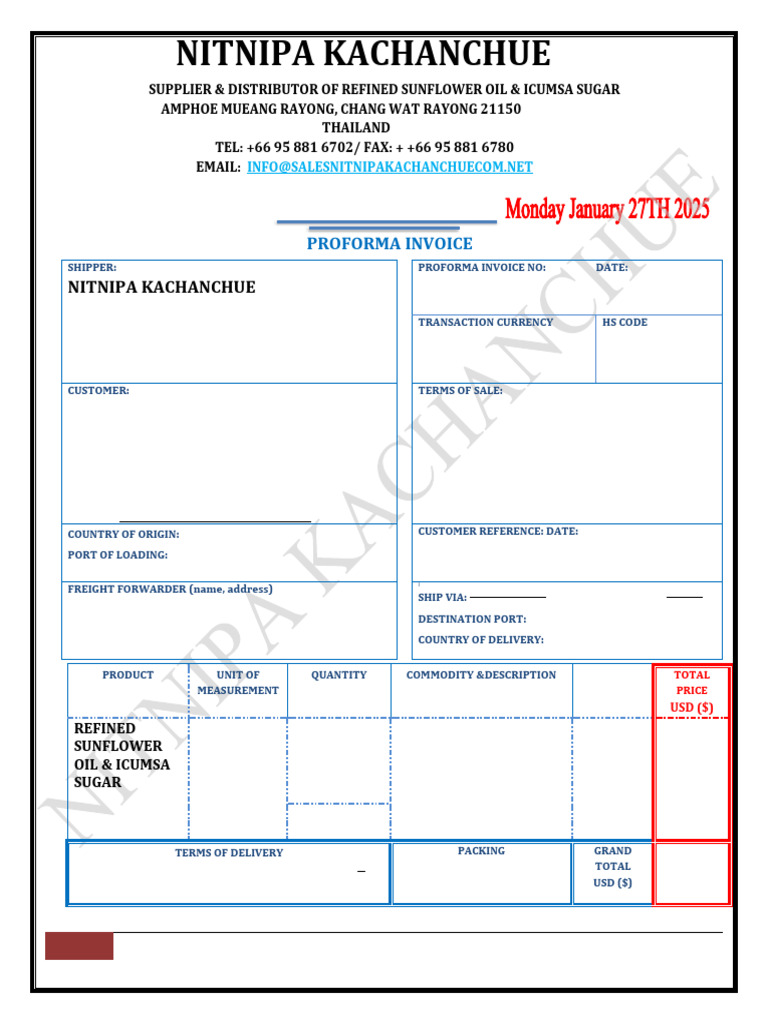Proforma Invoice For Refined Sunflower Oil & Icumsa Sugar To Ethiopia ...