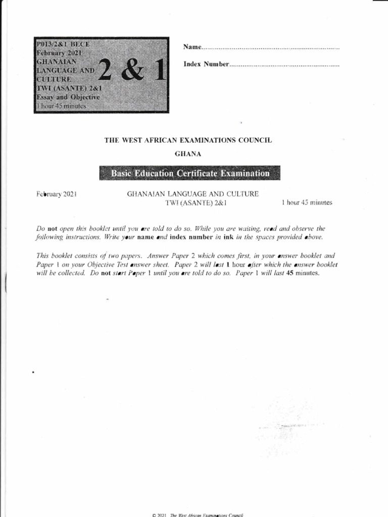 The West African Examinations Council Ghana: Index Number