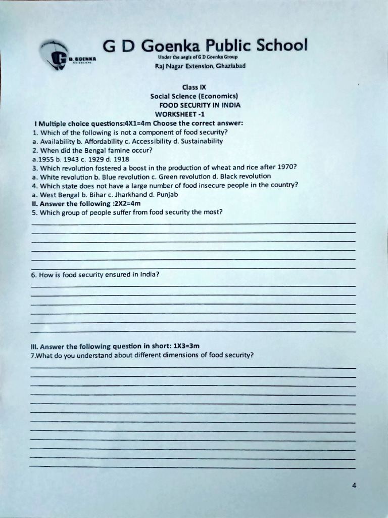 Class IX Food Security Worksheet | PDF