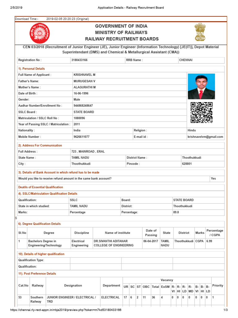 Application Details - Railway Recruitment Board | PDF