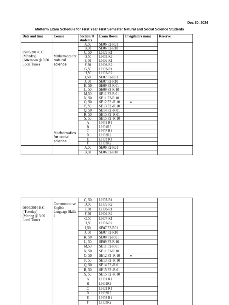 Midterm exam schedule | PDF