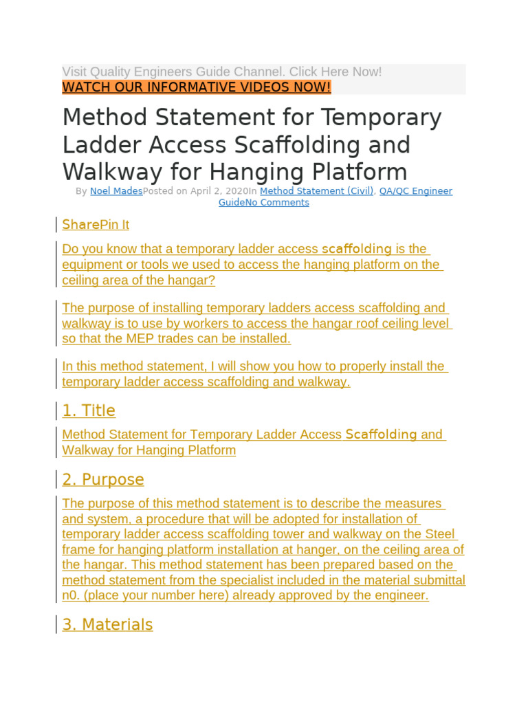 Method Statement for Access Scaffolding | PDF | Scaffolding | Elevator