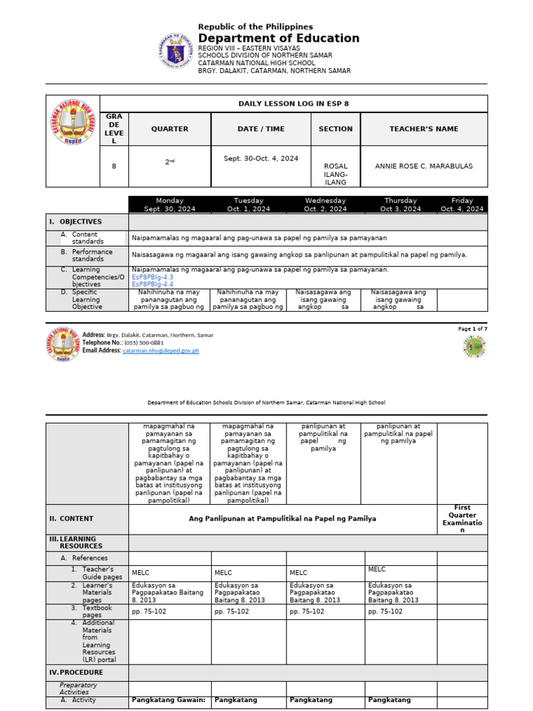 DLL Esp 8 Q2 W1 | PDF