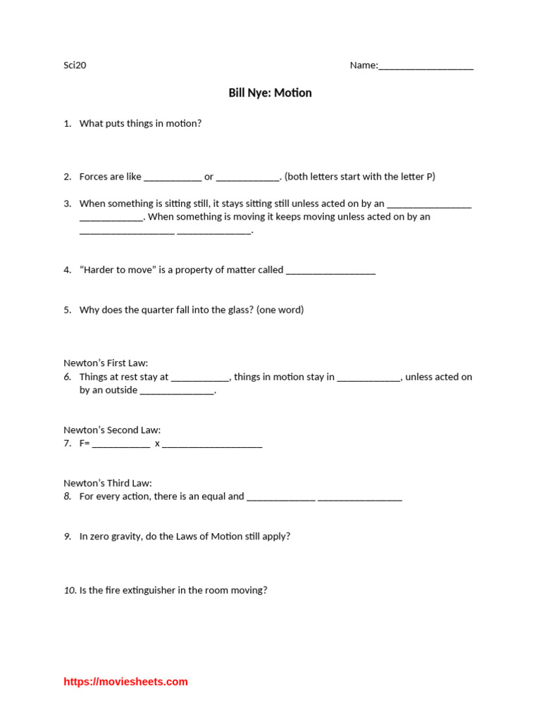 Bill Nye Motion Worksheet Answers | PDF