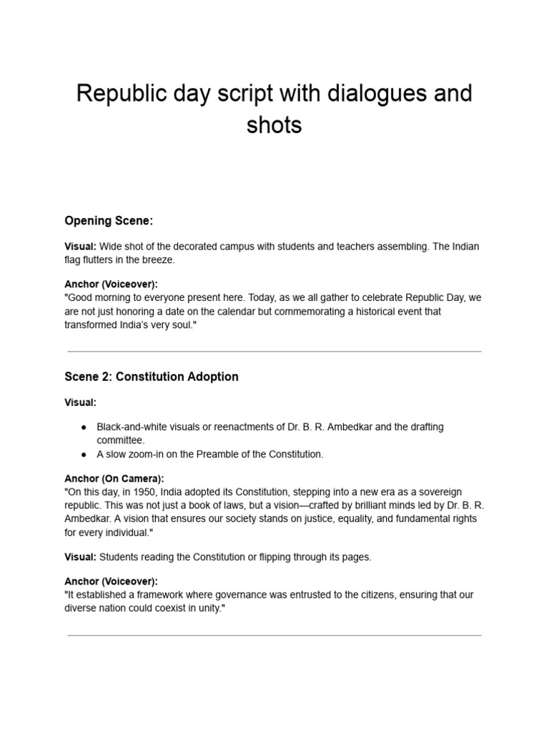 Republic Day Script With Dialogues and Shots | PDF | Political Science