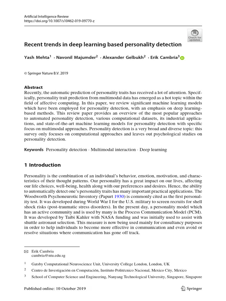 Recent trends in deep learning based personality detection | PDF | Deep ...