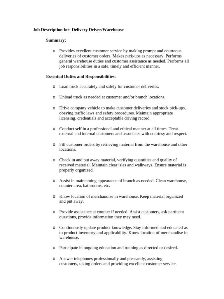 Warehouse Delivery Driver Job Description | PDF | Warehouse