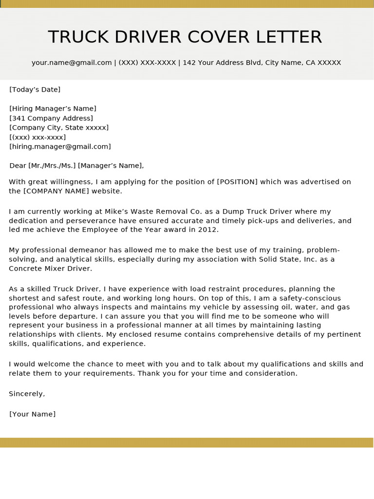Truck Driver Cover Letter Hybrid Gold 1 | PDF | Résumé | Truck Driver