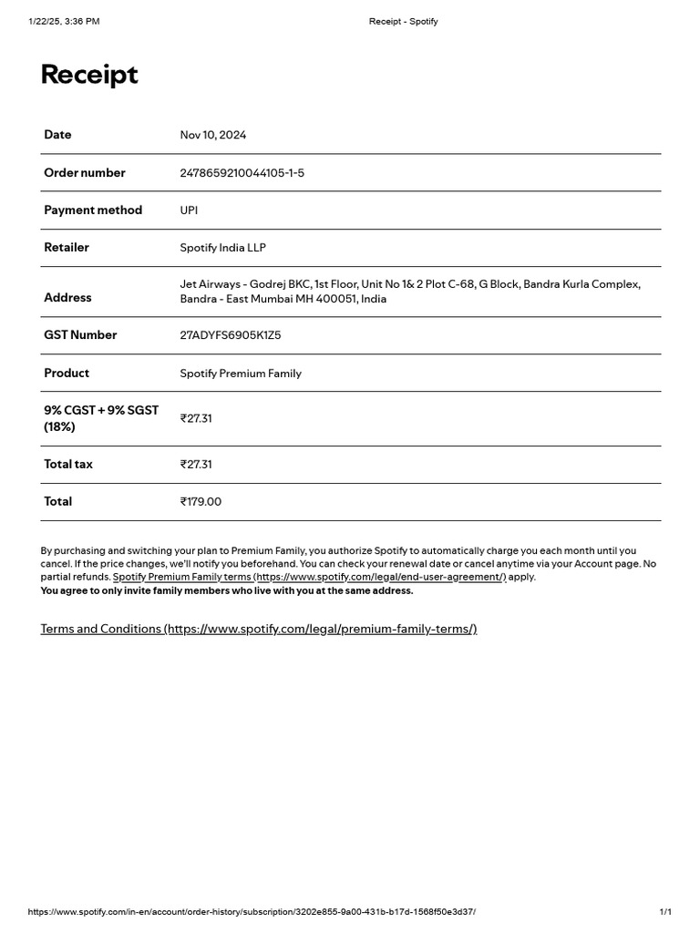 Receipt - Spotify | PDF