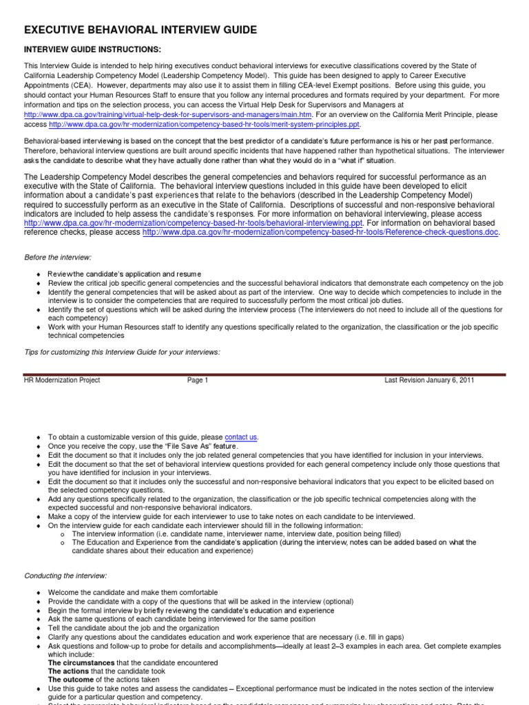Executive Behavioral Interview Guide | PDF | Competence (Human Resources) | Goal