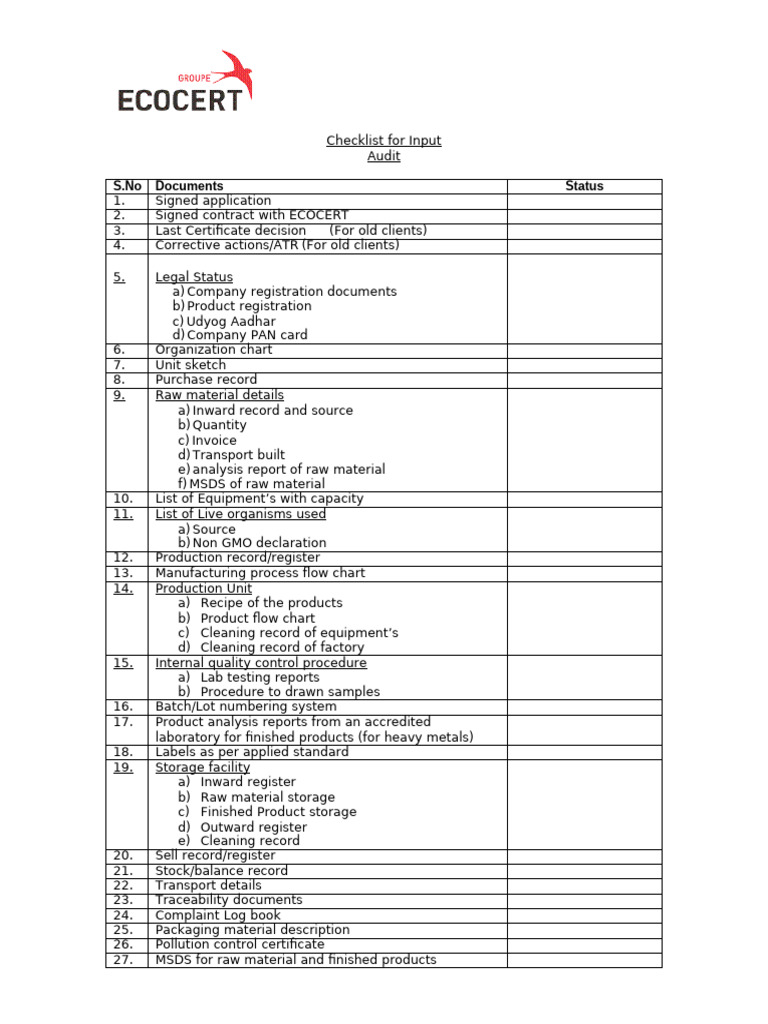 Checklist For Input Audit | PDF