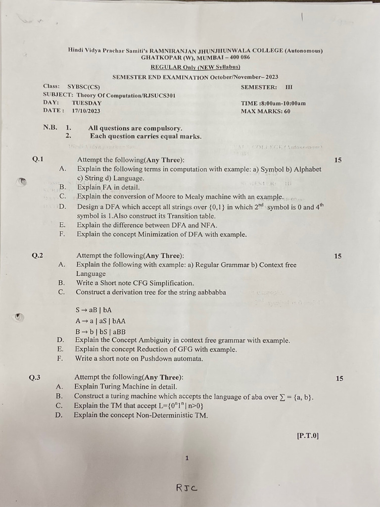 SYBSc Sem3 Regular QP October 2023 | PDF