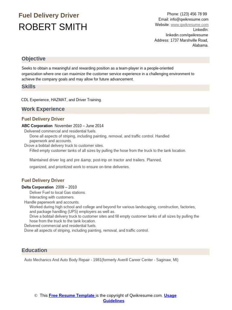 Fuel Delivery Driver Resume | PDF