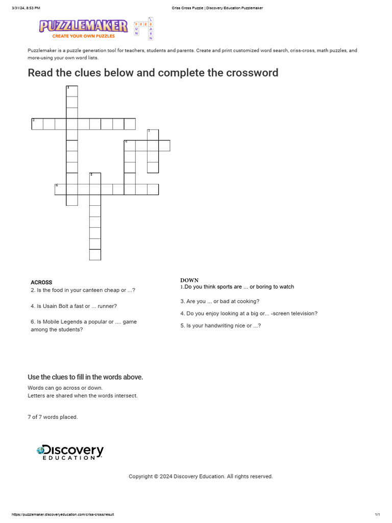 Criss Cross Puzzle - Enrichment | PDF