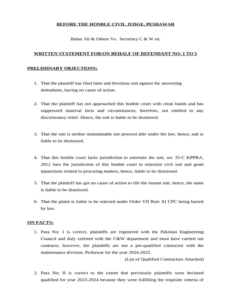 Defendants' Written Statement in Peshawar Case | PDF | Lawsuit | Public Law