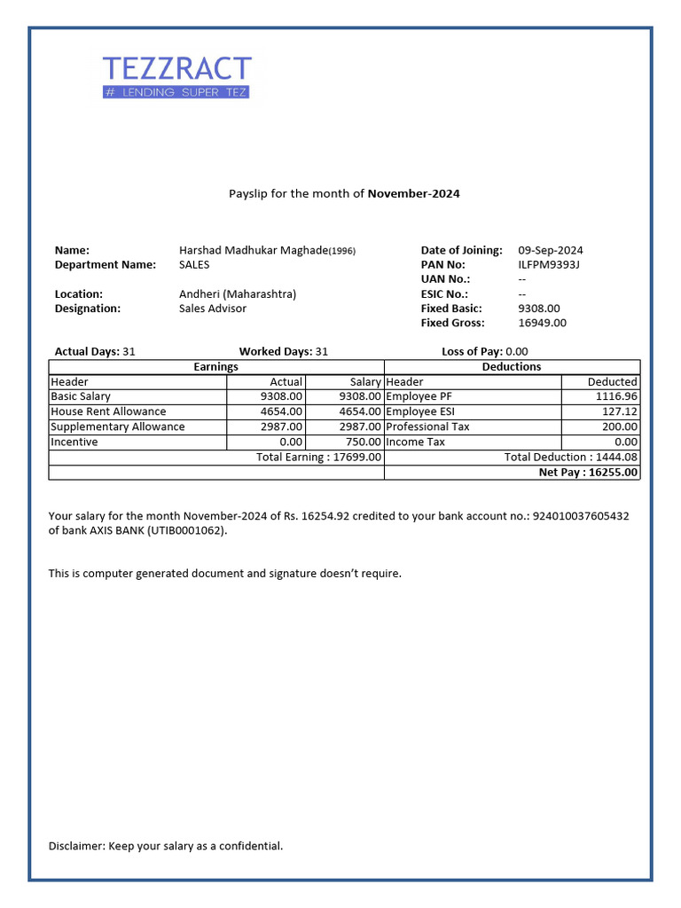 Payslip - November-2024 - Harshad Madhukar Maghade | PDF