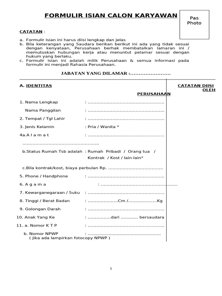Formulir - Isian - Calon - Karyawan 1 A | PDF
