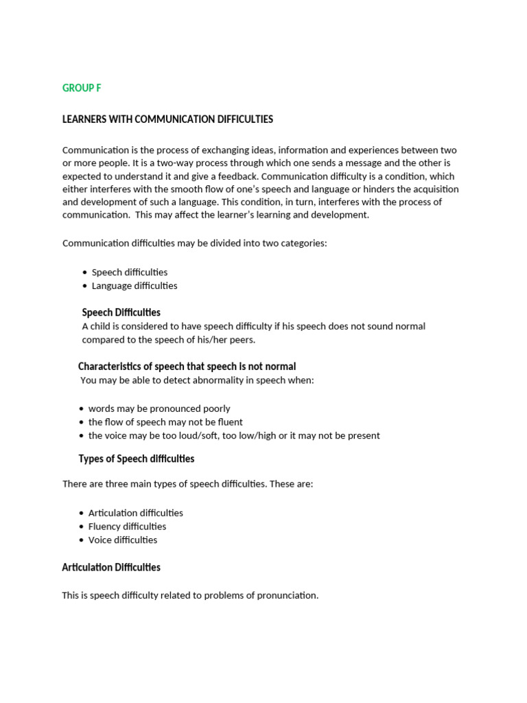 Communication Difficulties in Learners | PDF | Fluency | Speech