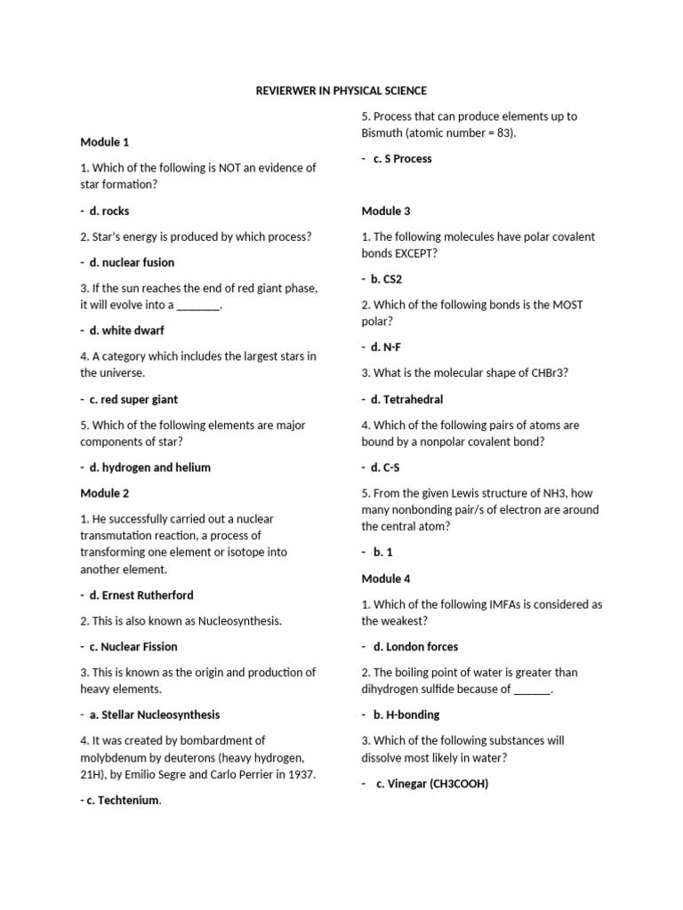 Physical Science Review Questions | PDF | Intermolecular Force ...