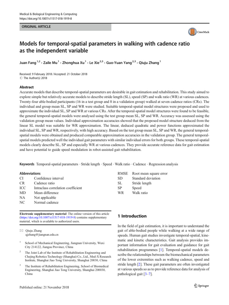 Models For Temporal-Spatial Parameters in Walking With Cadence Ratio As ...