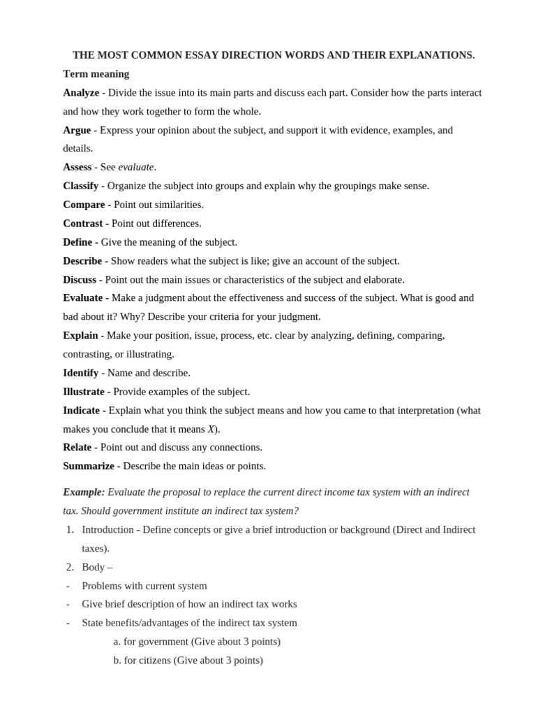 ESSAY DIRECTION WORDS | PDF | Essays | Taxes