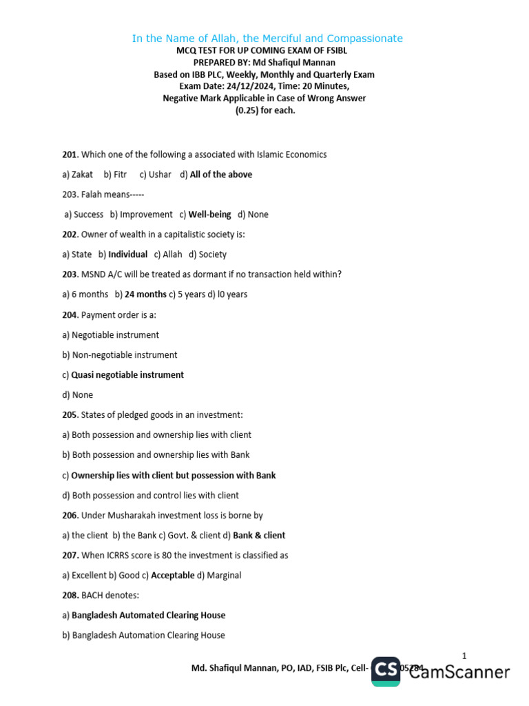 FSIBL Exam MCQ Test Preparation Guide | PDF | Banks | Economies