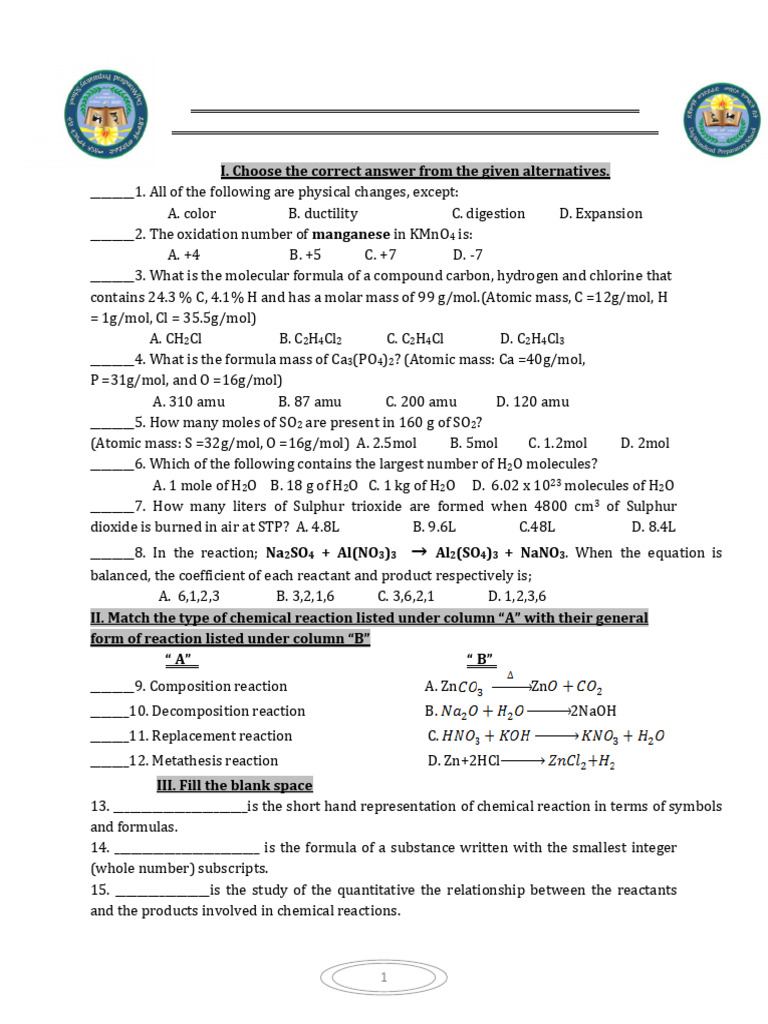 Grade 10 Chemistry Worksheet 1 | PDF | Mole (Unit) | Chemical Reactions