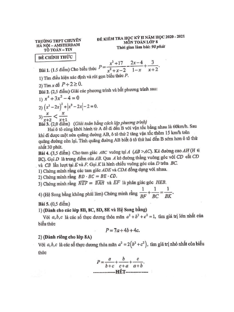 Toan 8 de Thi Hkii Amsterdam 2020 2021 | PDF