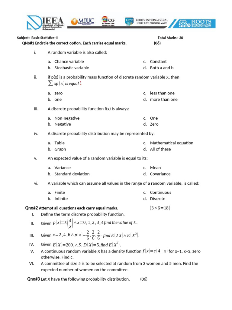 basic statistics test 2 ICS 2B | PDF | Random Variable | Probability ...