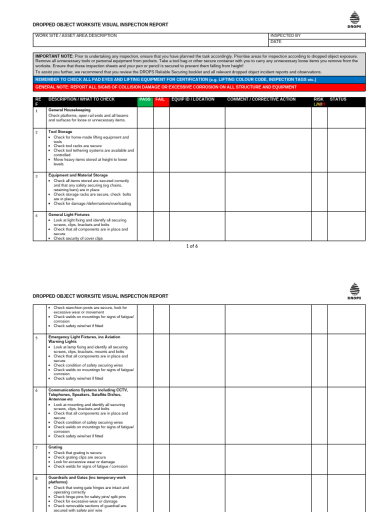 DROPS Worksite Visual Inspection Report Template | PDF | Screw | Nut ...