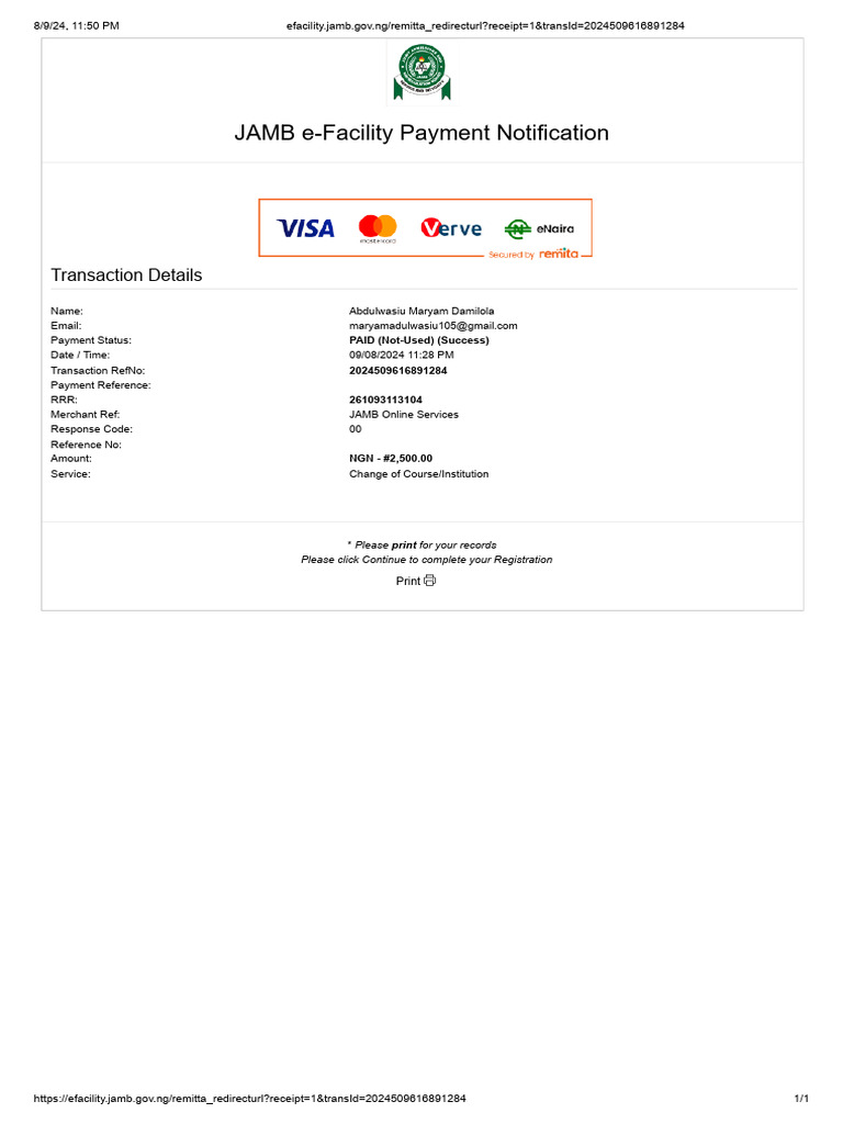 Efacility - Jamb.gov - NG Remitta Redirecturl Receipt 1&transid ...
