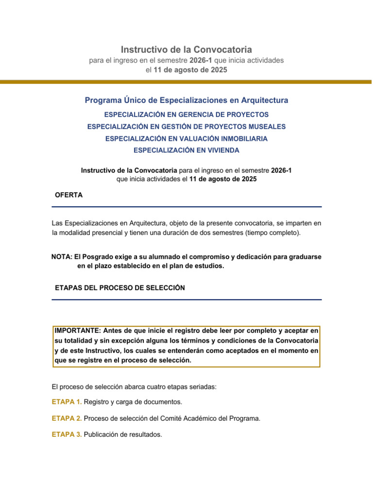 Instructivo PUEA - 2026-1 - Especializaciones DGAE | PDF