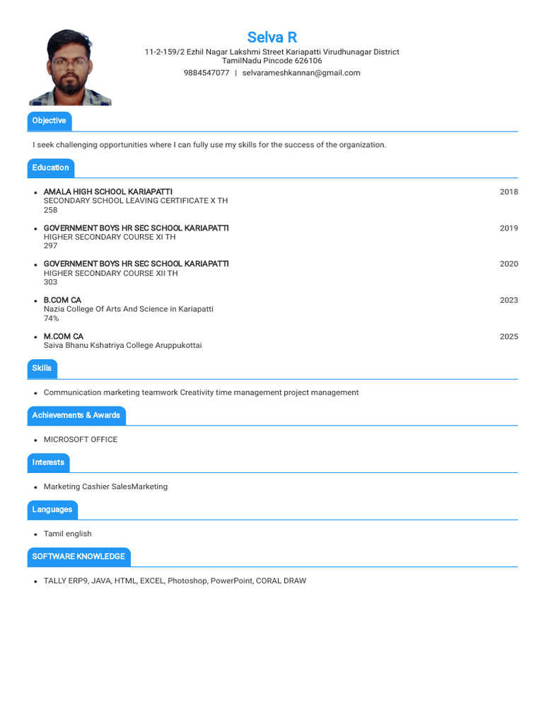 Resume of Selva R - Marketing & Skills | PDF
