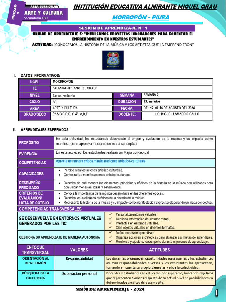 Sesión de Aprendizaje de Arte y Cultura Del 12 Al 16 de Agosto 3ro y 4to Grado 2024 | PDF ...