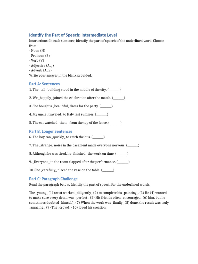 Identify Parts of Speech Exercise | PDF