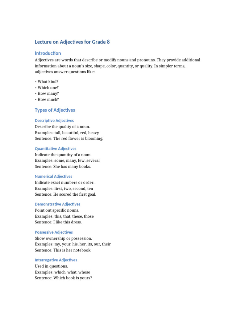 Lecture On Adjectives Grade 8 | PDF | Adjective | Noun