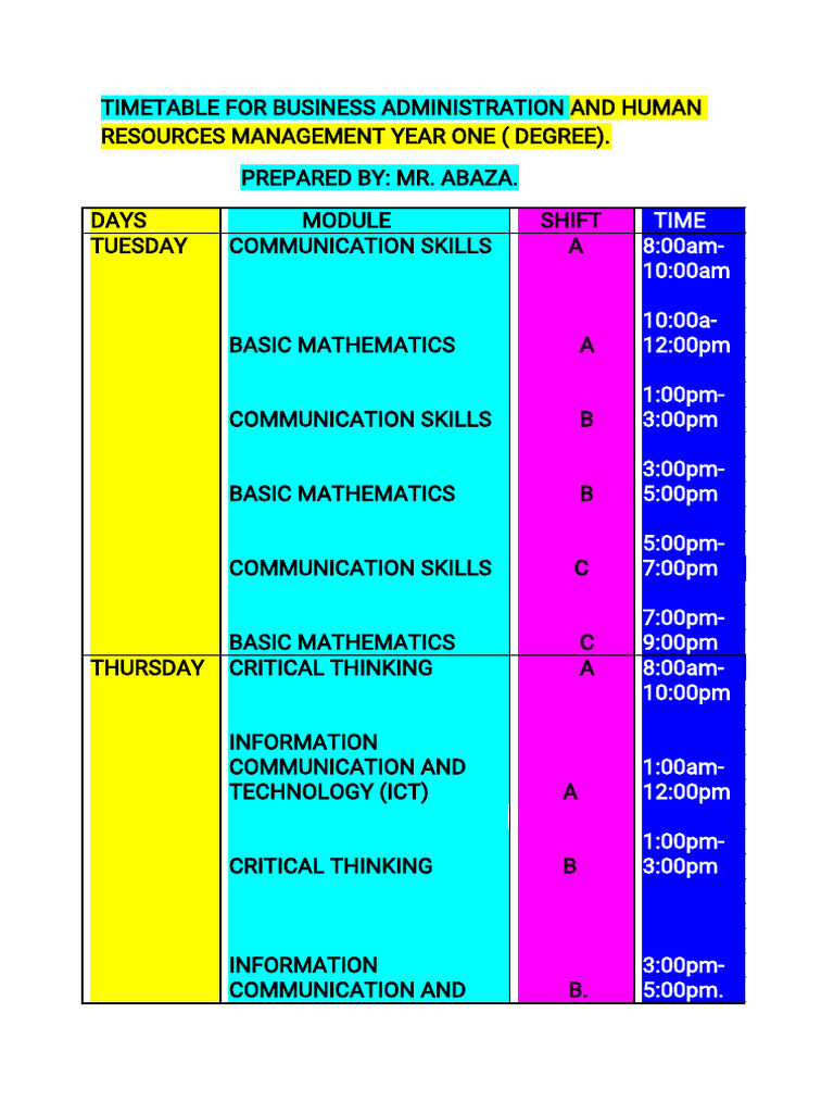 BA& HRM Timetable | PDF