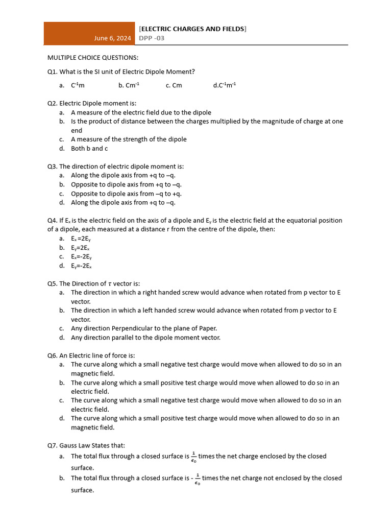 Physics Dpp 03 | PDF | Flux | Dipole